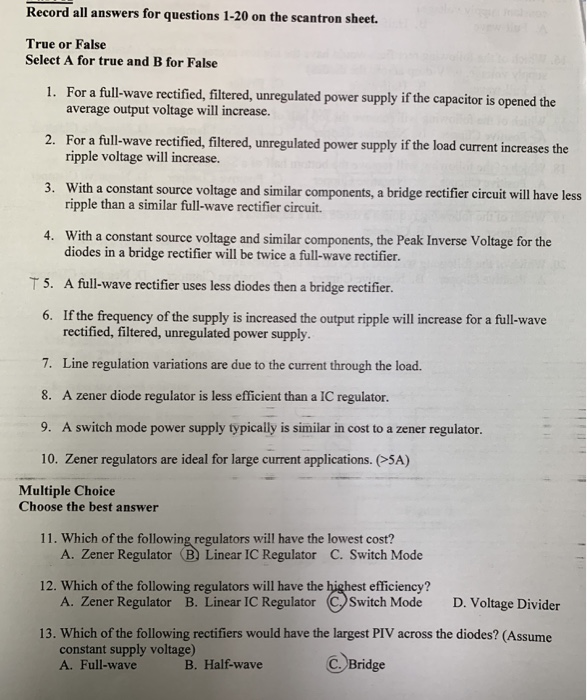 Solved Record all answers for questions 1-20 on the scantron | Chegg.com