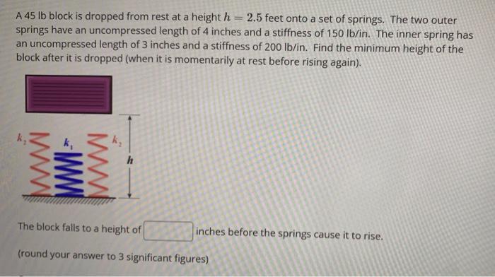 Solved A 45lb block is dropped from rest at a height h=2.5 | Chegg.com