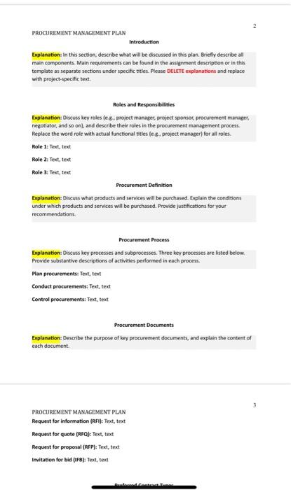 Solved PROCUREMENT MANAGEMENT PLAN Explanation: In this | Chegg.com