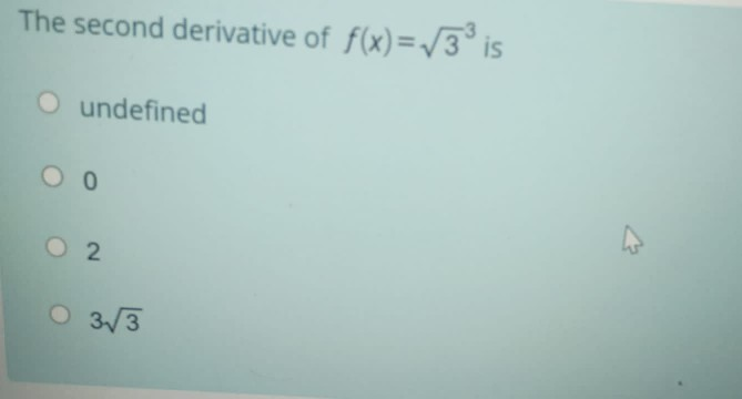 Solved The second derivative of f(x)= 73° is O undefined ОО | Chegg.com