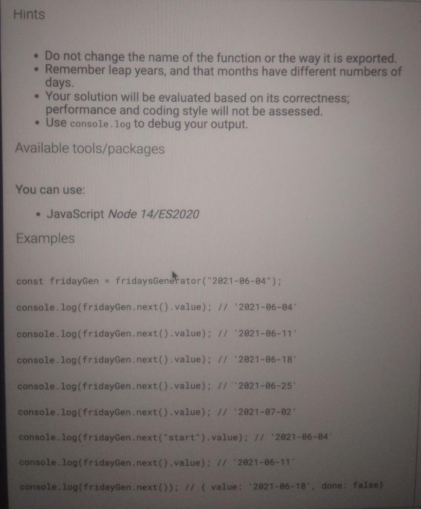 Solved Implement a generator of Fridays using JavaScript and | Chegg.com