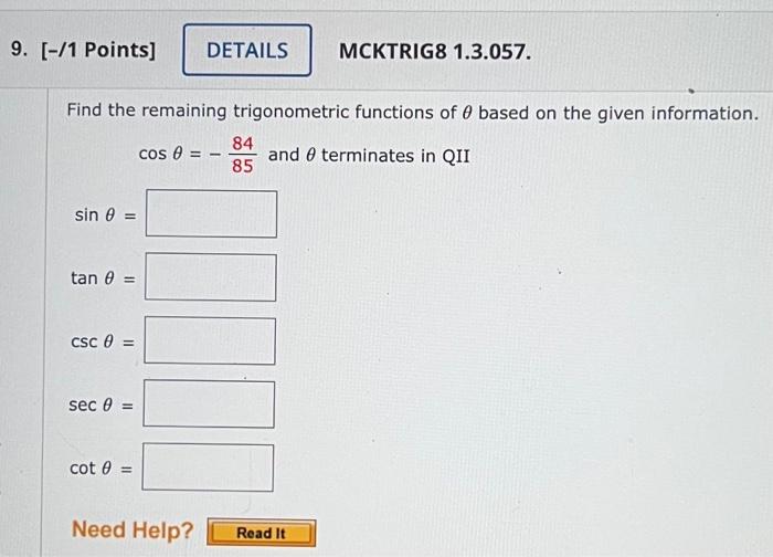 Solved Find the remaining trigonometric functions of θ based | Chegg.com