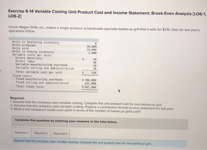 Solved Exercise 6-14 Variable Costing Unit Product Cost and | Chegg.com