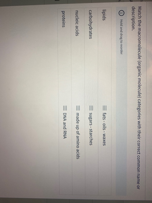 Solved Match the macromolecule (organic molecule) categories | Chegg.com