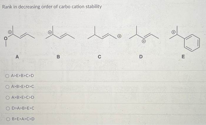 Solved Rank in decreasing order of carbo cation stability A | Chegg.com