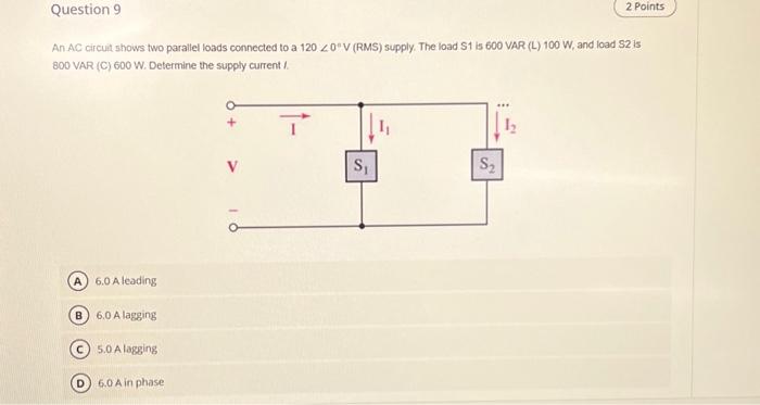 Solved An AC circuit shows two parallel loads connected to a | Chegg.com