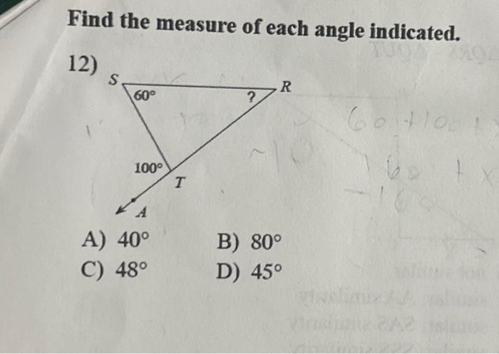 Solved Find the measure of each angle indicated. A) 40∘ B) | Chegg.com