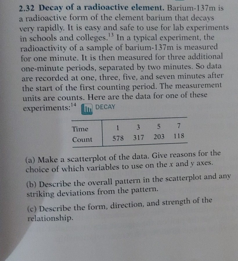 Solved 2.32 Decay of a radioactive element. Barium-137m is a | Chegg.com