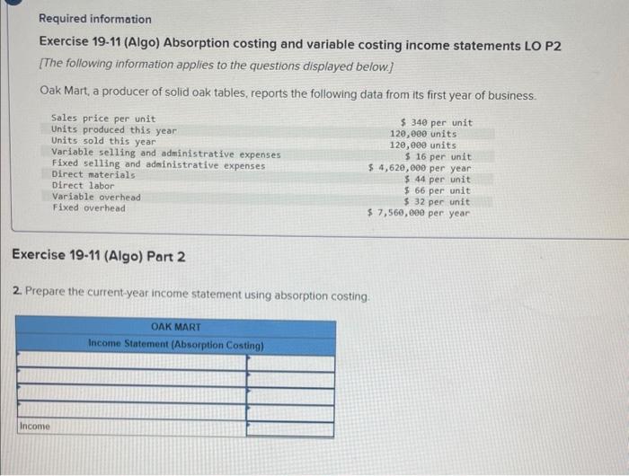 Solved Required information Exercise 19-11 (Algo) Absorption | Chegg.com