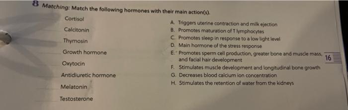 Matching: Match the following hormones with their | Chegg.com