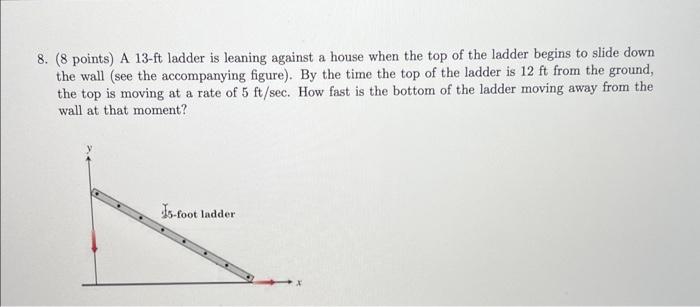 Solved 8. (8 points) A 13-ft ladder is leaning against a | Chegg.com