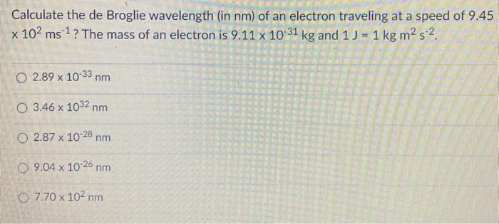 Solved Calculate the de Broglie wavelength (in nm ) of an | Chegg.com
