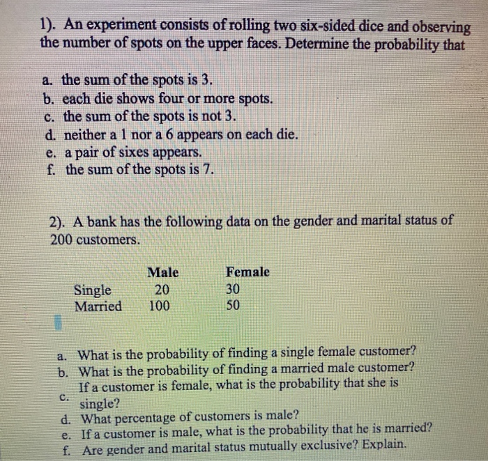Solved 1). An experiment consists of rolling two six-sided | Chegg.com