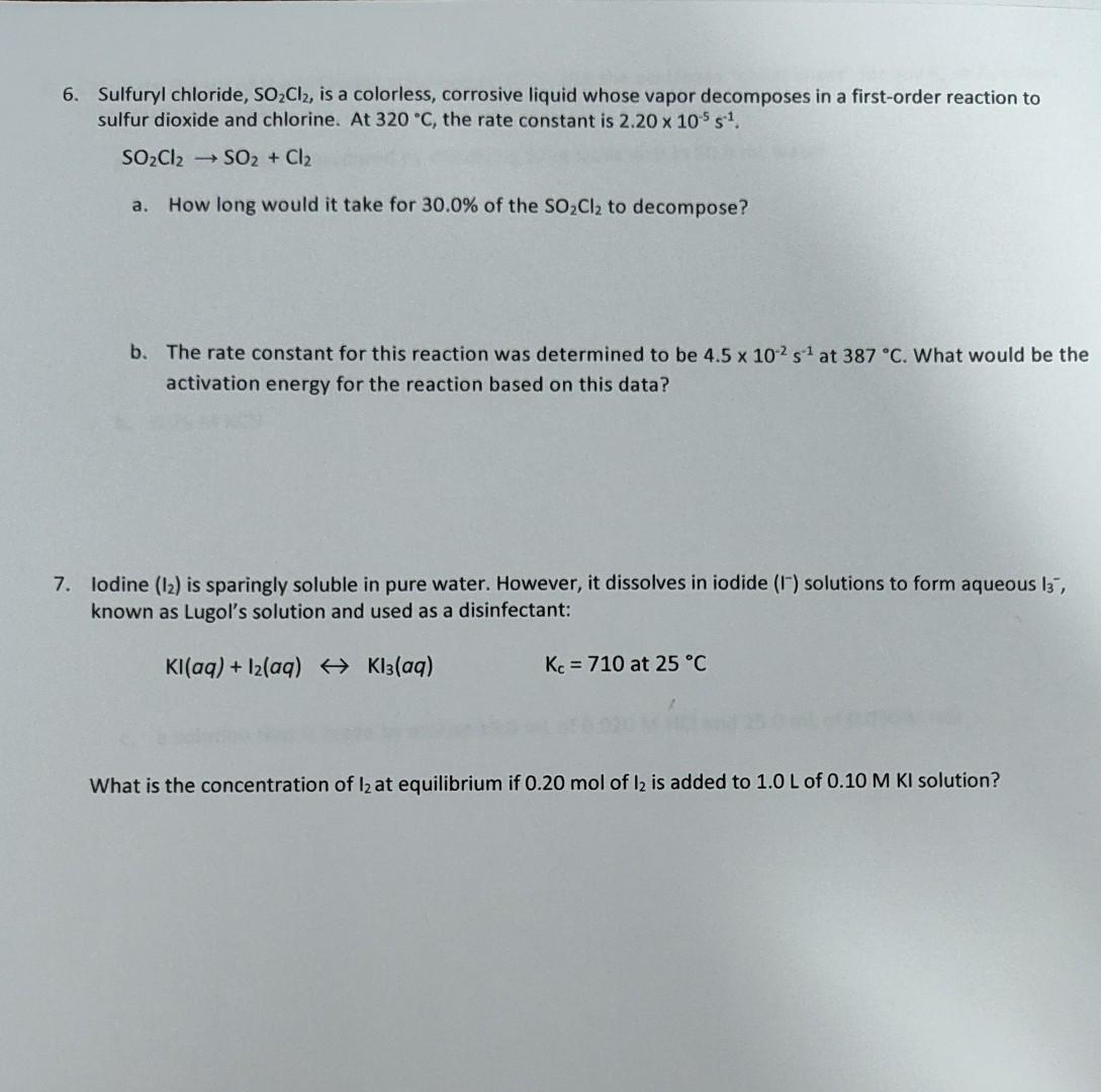 Solved 6. Sulfuryl chloride, SO2Cl2, is a colorless, | Chegg.com