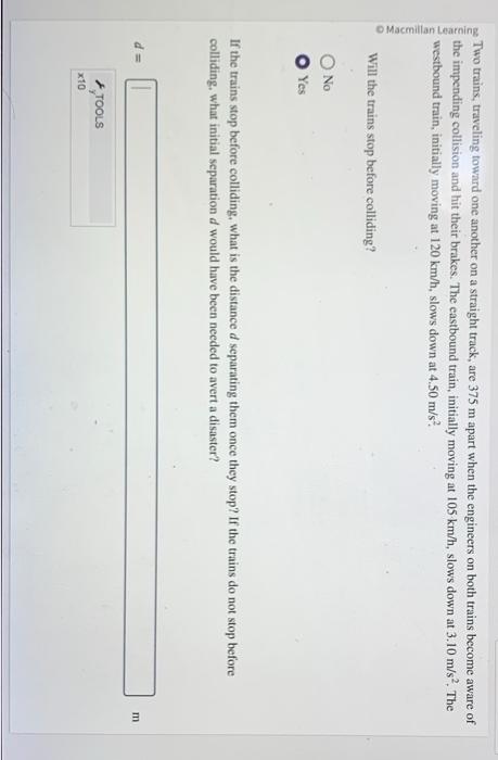Solved Two trains, traveling toward one another on a | Chegg.com