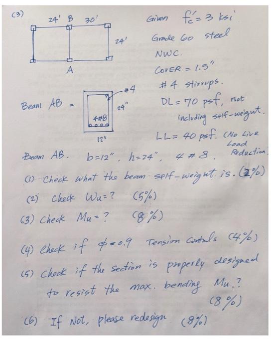 Solved Given fc′=3ksi Grade 60 steel NWC. COVER =1.5′′ #4 | Chegg.com