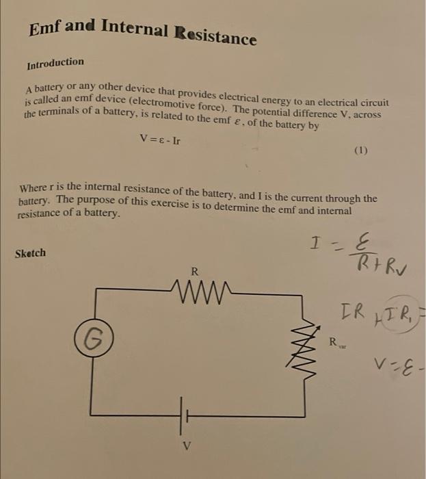 Solved Emf and Internal Resistance Introduction A battery or | Chegg.com