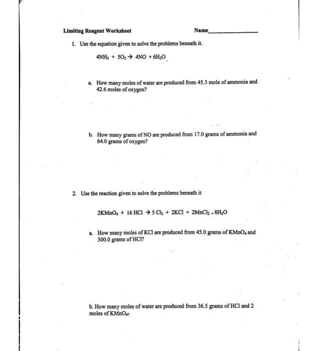 Solved Limiting Reagent Worksheet Name 1. Use the equation | Chegg.com