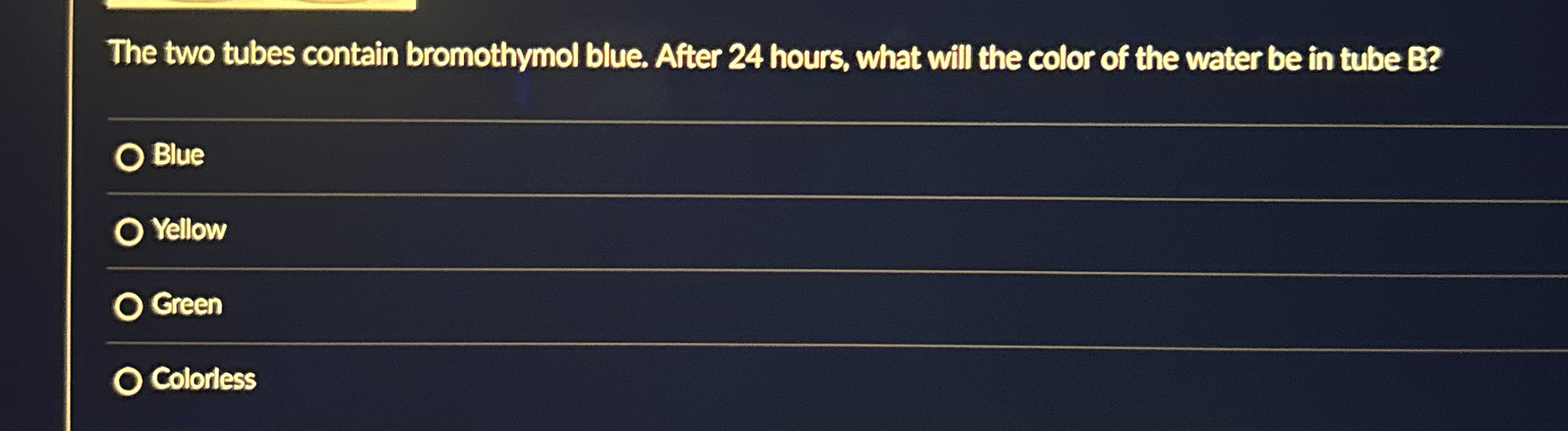 Solved The two tubes contain bromothymol blue. After 24 | Chegg.com