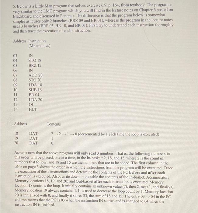 Solved 5. Below is a Little Man program that solves exercise | Chegg.com