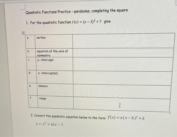 Solved - Quadratic Functions Practice - parabolas, | Chegg.com
