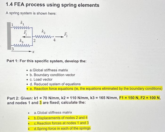 Solved 1.4 FEA process using spring elements A spring system | Chegg.com