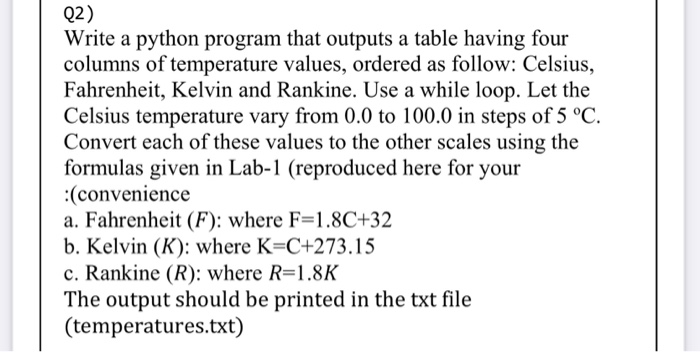 Solved Q2) Write a python program that outputs a table | Chegg.com