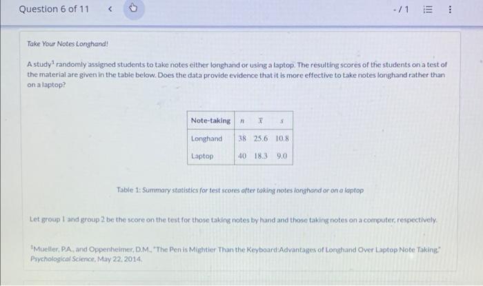 Solved Question 6 of 11 -/1 Take Your Notes Longhand! A | Chegg.com