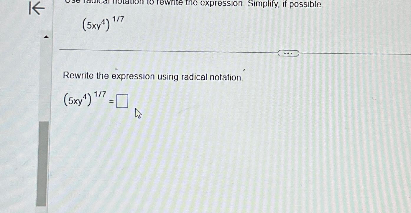 Solved (5xy4)17Rewrite the expression using radical | Chegg.com
