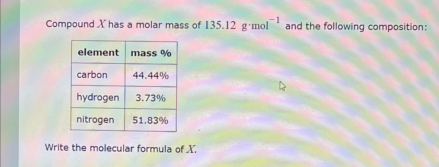 Solved Compound x ﻿has a molar mass of 135.12g*mol-1 ﻿and | Chegg.com