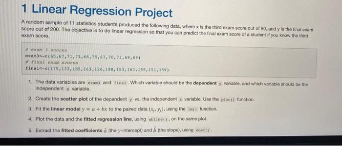 Solved 1 Linear Regression Project A random sample of 11 | Chegg.com