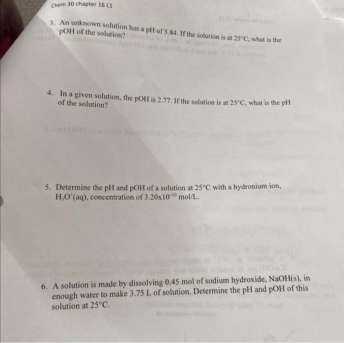 Solved 3. An unknown solution has a pH of 5.84 . If the | Chegg.com