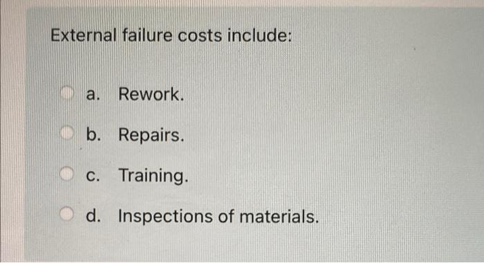Solved External failure costs include: ma. Rework b. | Chegg.com