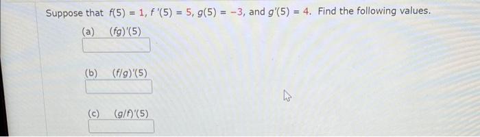 Solved Suppose that f(5)=1,f′(5)=5,g(5)=−3, and g′(5)=4. | Chegg.com