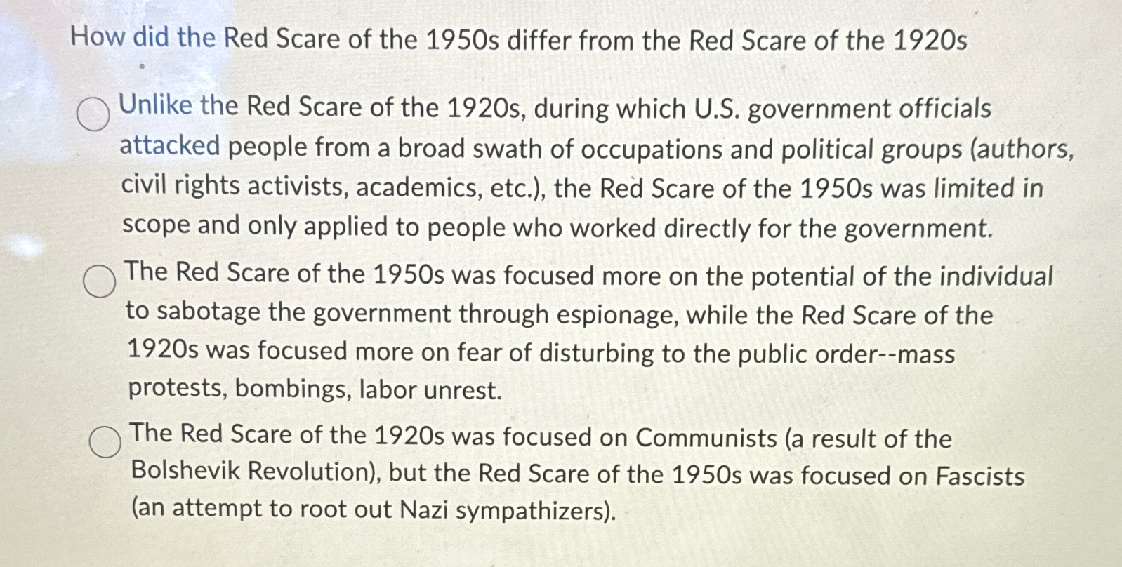 Solved How did the Red Scare of the 1950s differ from the | Chegg.com