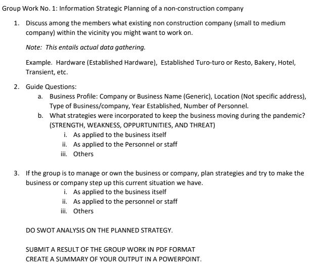 Solved Group Work No. 1: Information Strategic Planning of a | Chegg.com
