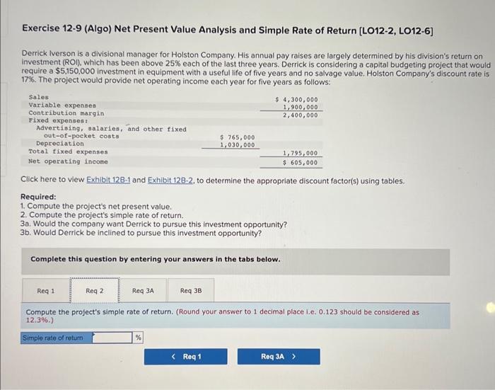 Solved Exercise 12-9 (Algo) Net Present Value Analysis and | Chegg.com