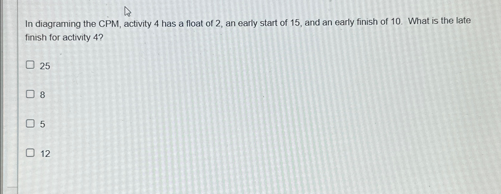 Solved In diagraming the CPM, ﻿activity 4 ﻿has a float of | Chegg.com