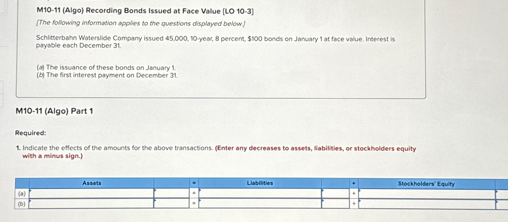Solved M10-11 (Algo) ﻿Recording Bonds Issued at Face Value | Chegg.com