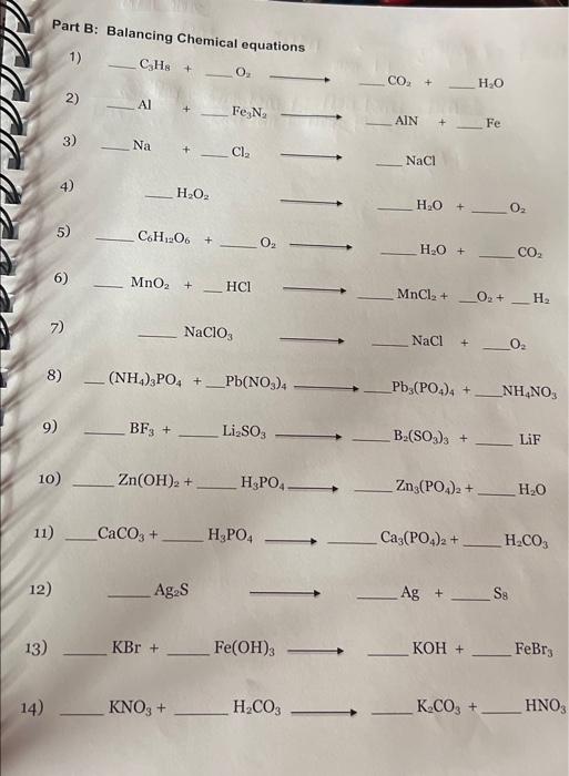 Solved Part B: Balancing Chemical equations 1) 9) 12) 13) | Chegg.com