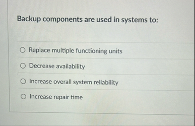 Solved Backup components are used in systems to:Replace | Chegg.com