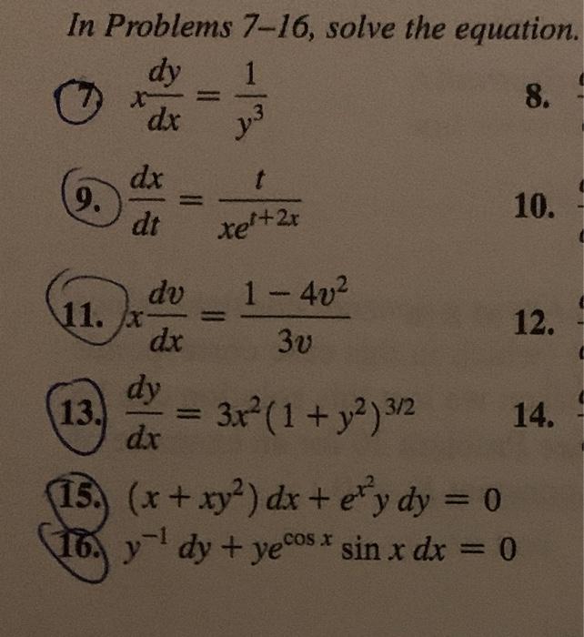 Solved In Problems 7-16, solve the equation. dy 1 8. dx y 3 | Chegg.com