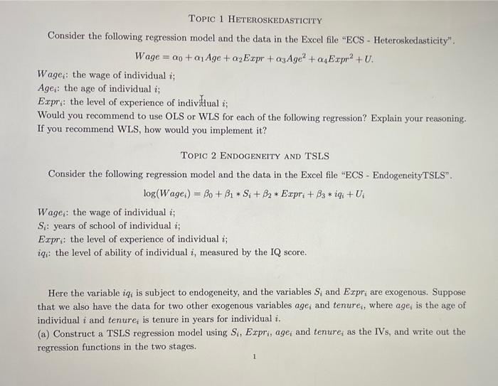 Solved TOPIC 1 HETEROSKEDASTICITY Consider the following | Chegg.com