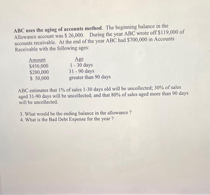 Solved ABC uses the aging of accounts method. The beginning | Chegg.com