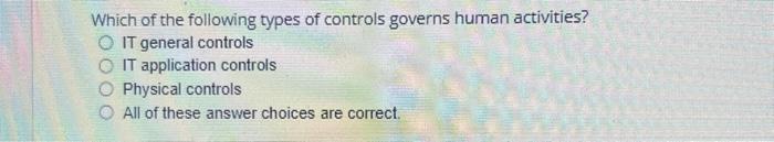 Solved Which of the following types of controls governs | Chegg.com