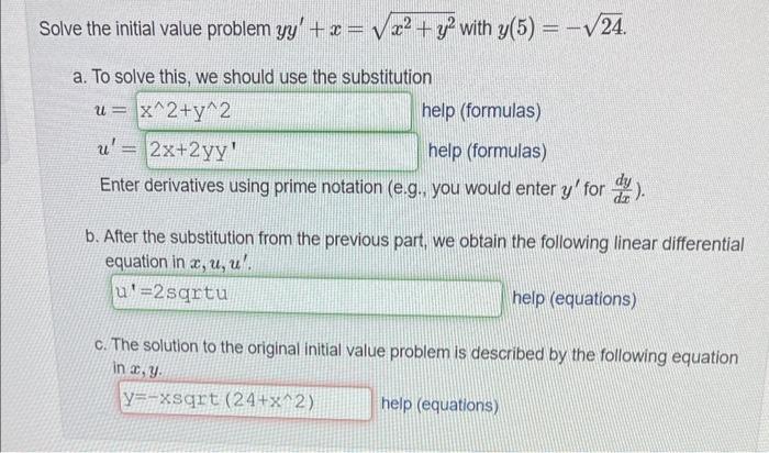 Solved the initial value problem yy′+x=x2+y2 with y(5)=−24. | Chegg.com
