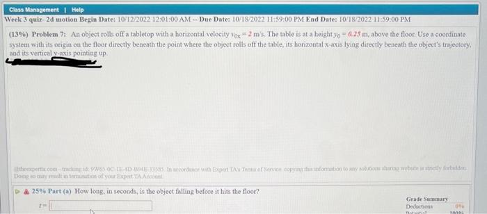 Solved (13\%) Problem 7; An object rolls off a tabletop with | Chegg.com