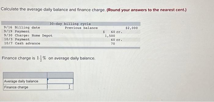 Solved Calculate the average daily balance and finance | Chegg.com
