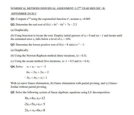 Solved NUMERICAL METHODS INDIVIDUAL ASSIGNMENT-I (2ND YEAR | Chegg.com