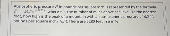 Solved Atmospheric pressure P in pounds per square inch is | Chegg.com